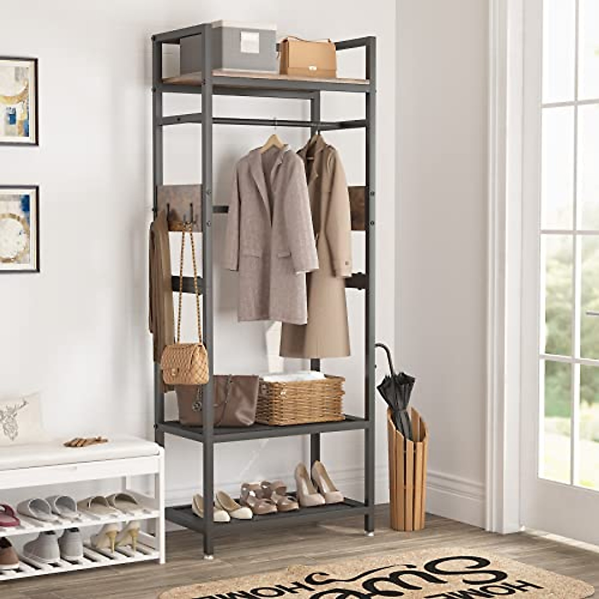 LITTLE TREE Clothes Rack with Shelves, Industrial Hall Tree Garment Rack Small Closet with Shoe Storage