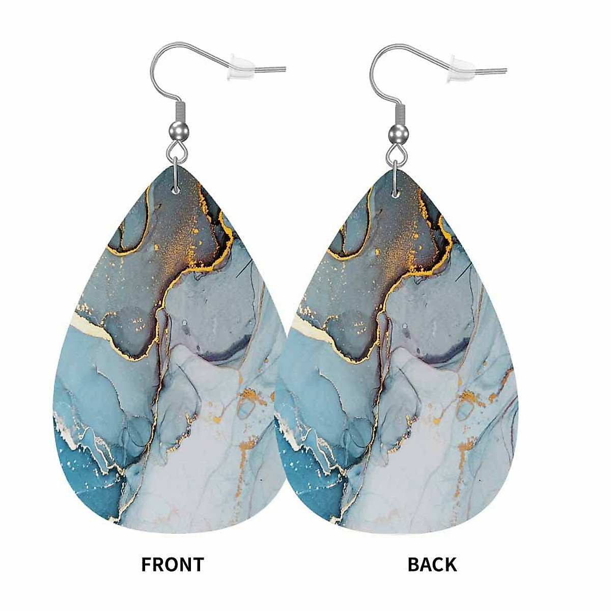 Water Alcohol Ink Leather Earrings for Women Sapphirine and Navy Blue Spots Marbling Art Teardrop Double-Sided Dangle Lightweight Leaf Earrings