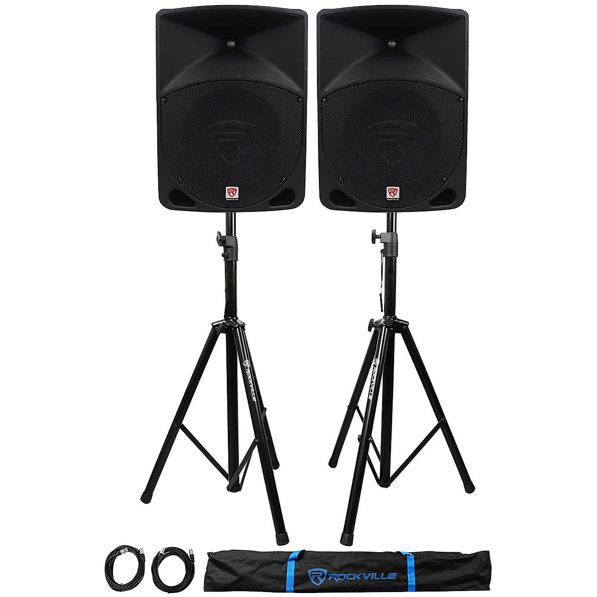 Rockville Pair RPG10 10" 1200w Powered PA/DJ Speakers + 2 Stands + 2 Cables+Bag