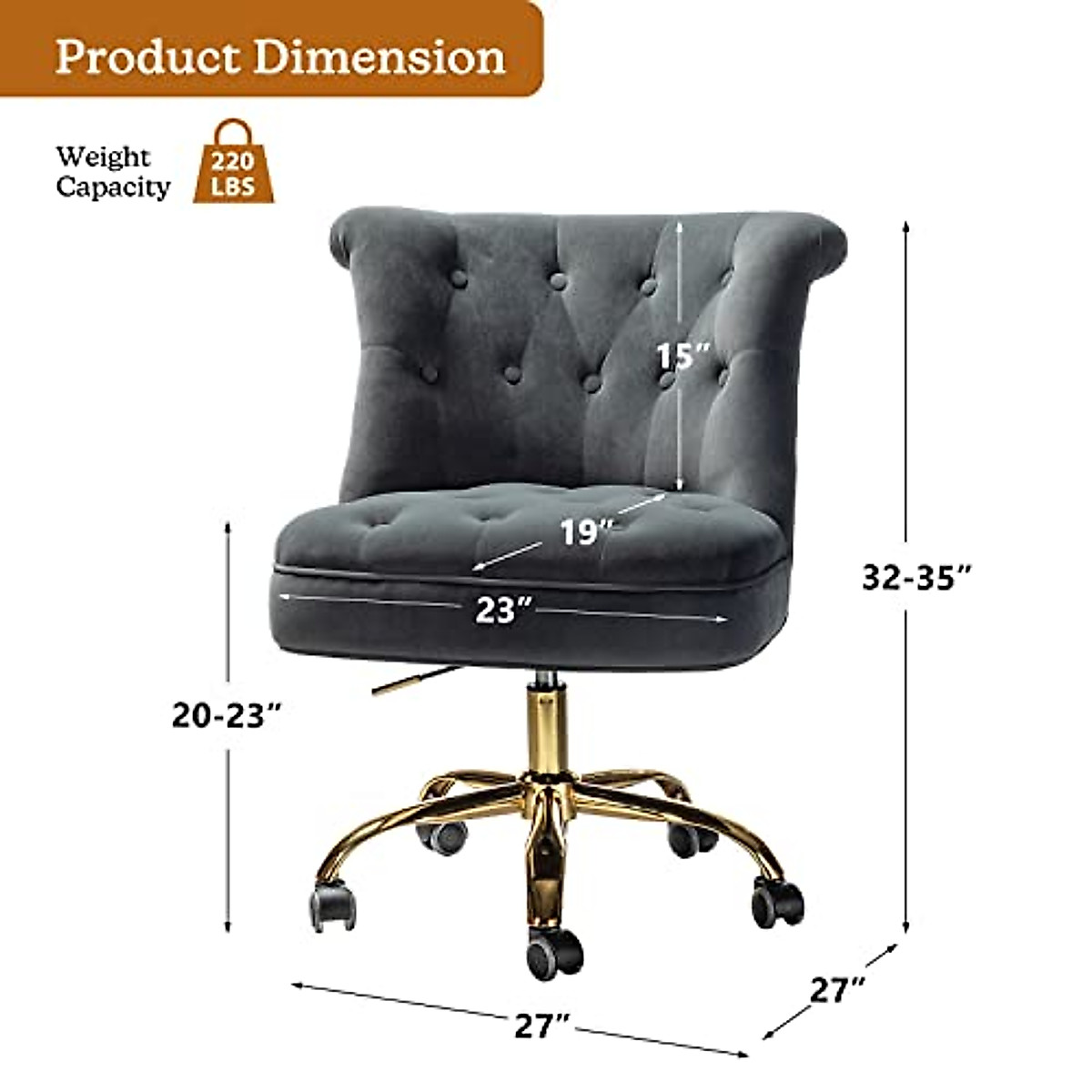 HULALA HOME Velvet Home Office Chair with Gold Base, Comfortable Modern Cute Desk Chair, Adjustable Swivel Task Chair for Living Room Bedroom Vanity Study/Grey