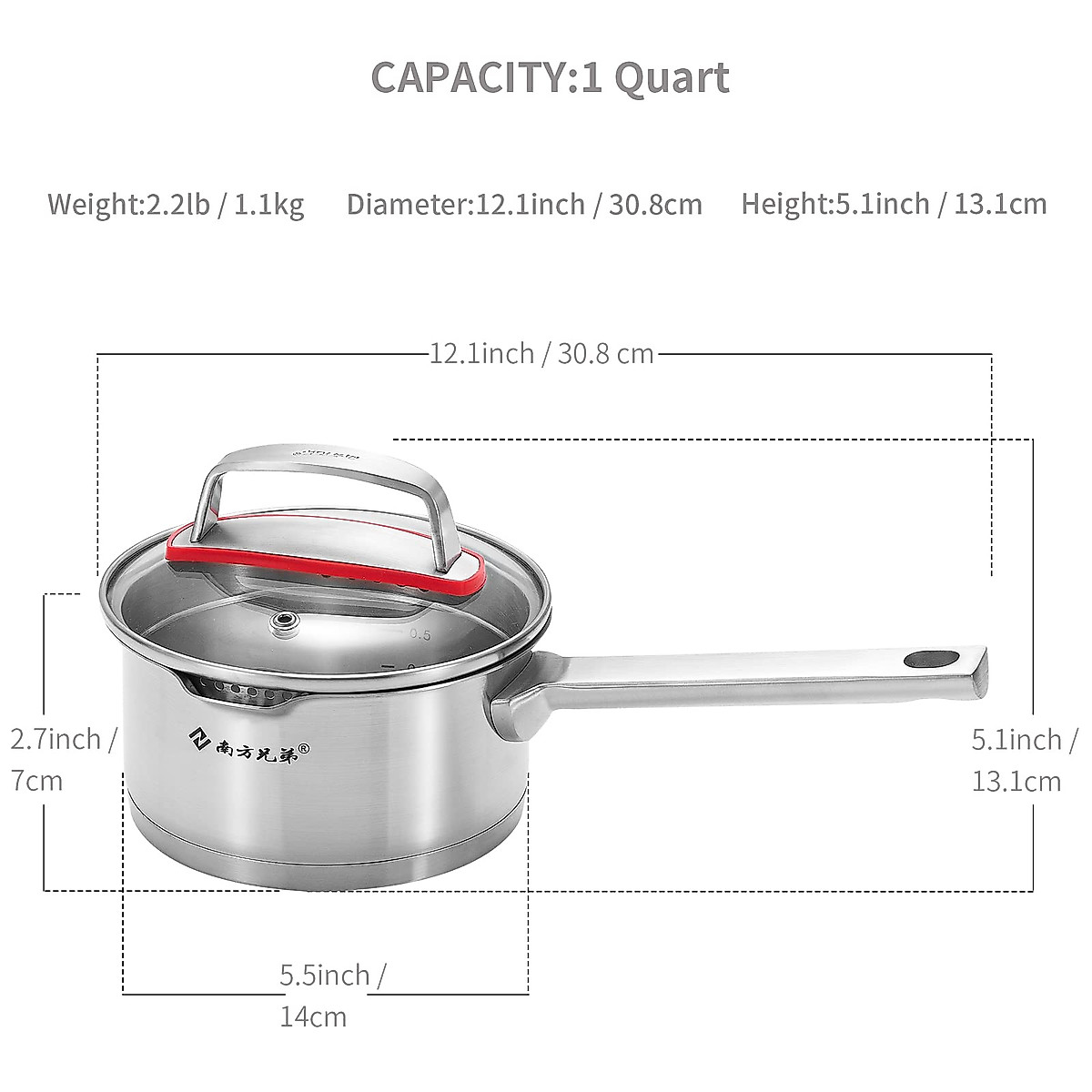 NANFANG BROTHERS Stainless Steel Saucepan with Glass Lid, Professional Small Sauce Pan Milk Pot with Cover, 316 Stainless Steel Composite Copper Cooking Pot, 1 Quart Kitchen Cookware Classic Silver