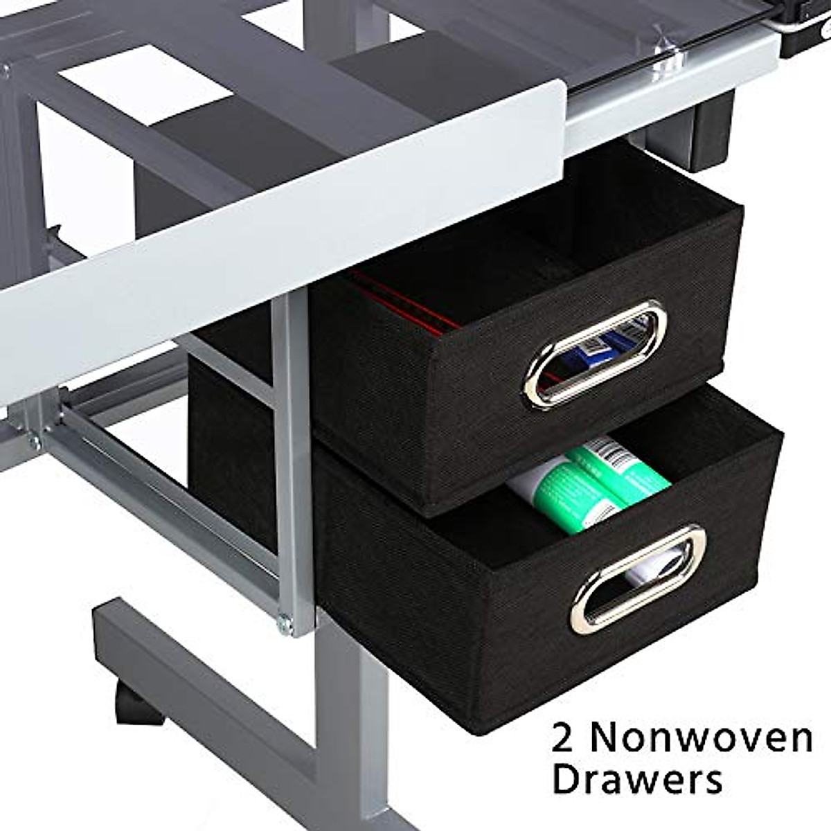 Topeakmart Glass Drafting Table Rolling Drawing Desk Artists Art Craft Desk w/2 Slide Drawers and Wheels for Home Office School