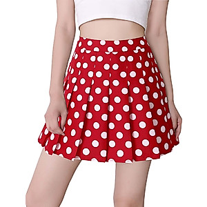 Hoerev Red White Polka Dot Mini Plaid Pleated Skater Tennis School Uniform Skirt with Lining Shorts,US 4