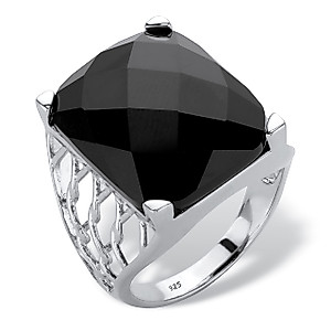 PalmBeach Sterling Silver Emerald Cut Natural Black Onyx Checkerboard Cut Ring Sizes 6-10 Size 7