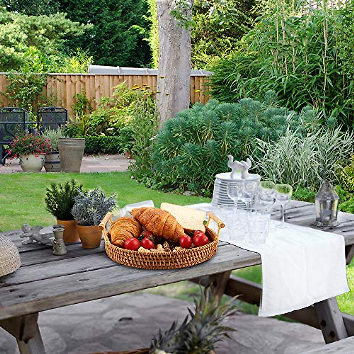 YIWEN Rattan Woven Round Basket, Round Rattan Woven Serving Tray with Handles for Bread Fruit Vegetables, Restaurant Serving & Tabletop Display Baskets (8.7", 1pc)