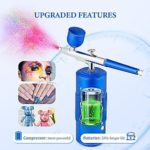 Airbrush Kit Machine with Compressor, Rechargeable Handheld Airbrush, Professional Cordless Air Brush Portable for Nail Art, Makeup, Barber, Cake Decor, Painting (Blue)