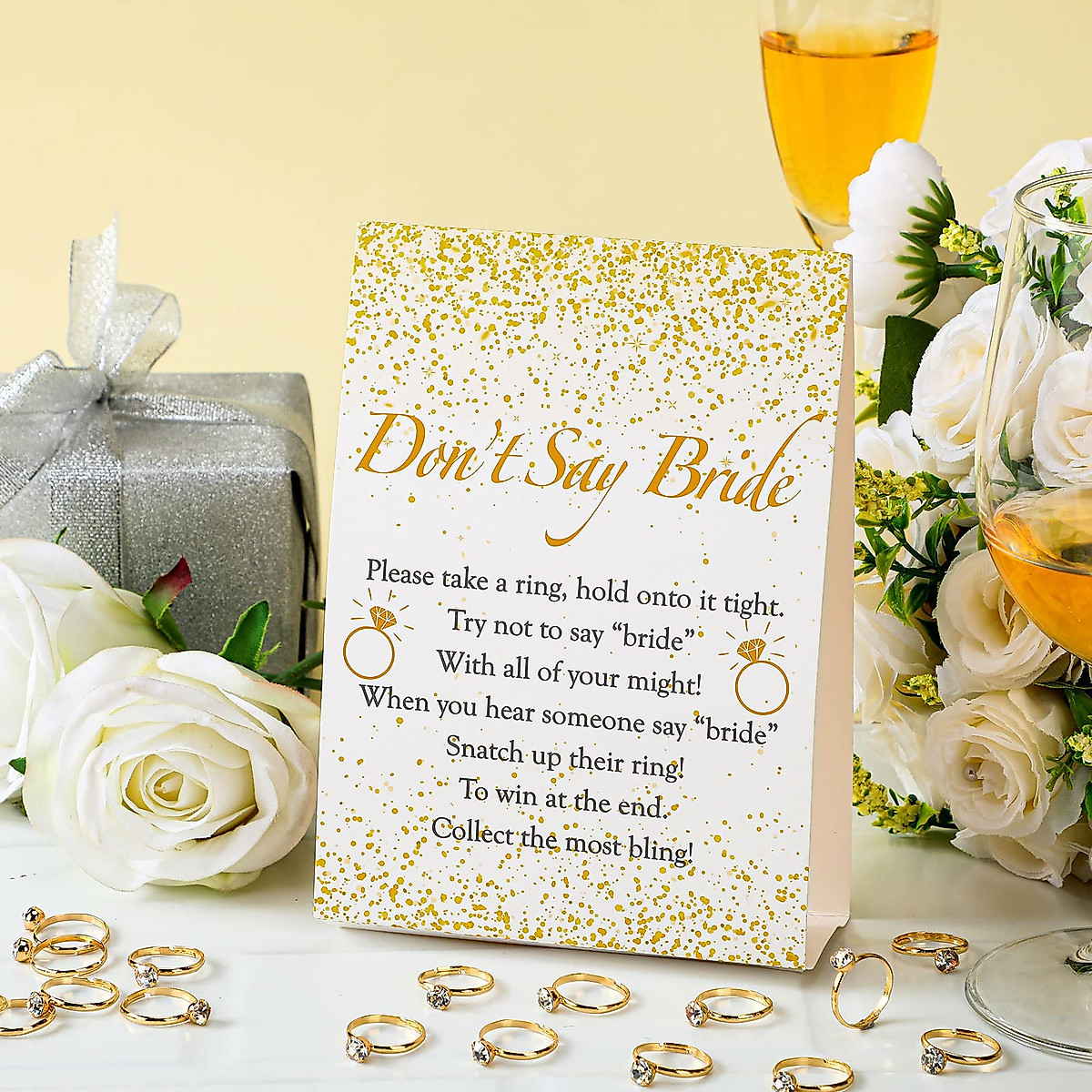 Geosar Ring Game Put a Ring on It Bridal Shower Games with Rings Dont Say Bride Game Rules and 60 Plastic Rings Bridal Shower Favors for Guests Wedding Shower Games(Gold, Confetti)