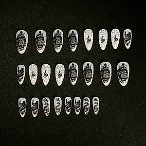 IMSOHOT Matte Long Press on Nails Almond Stiletto Snake Fake Nails Full Cover Black False Nails with Designs White Glue on Nails Acrylic Nails for Women