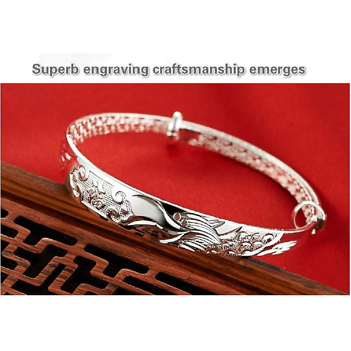 ABIRTE Women's 999 Solid Sterling Silver Chinese Dragon Phoenix Carved Adjustable Bangle Bracelet 15g Weight for Women,Ladies and Elder.