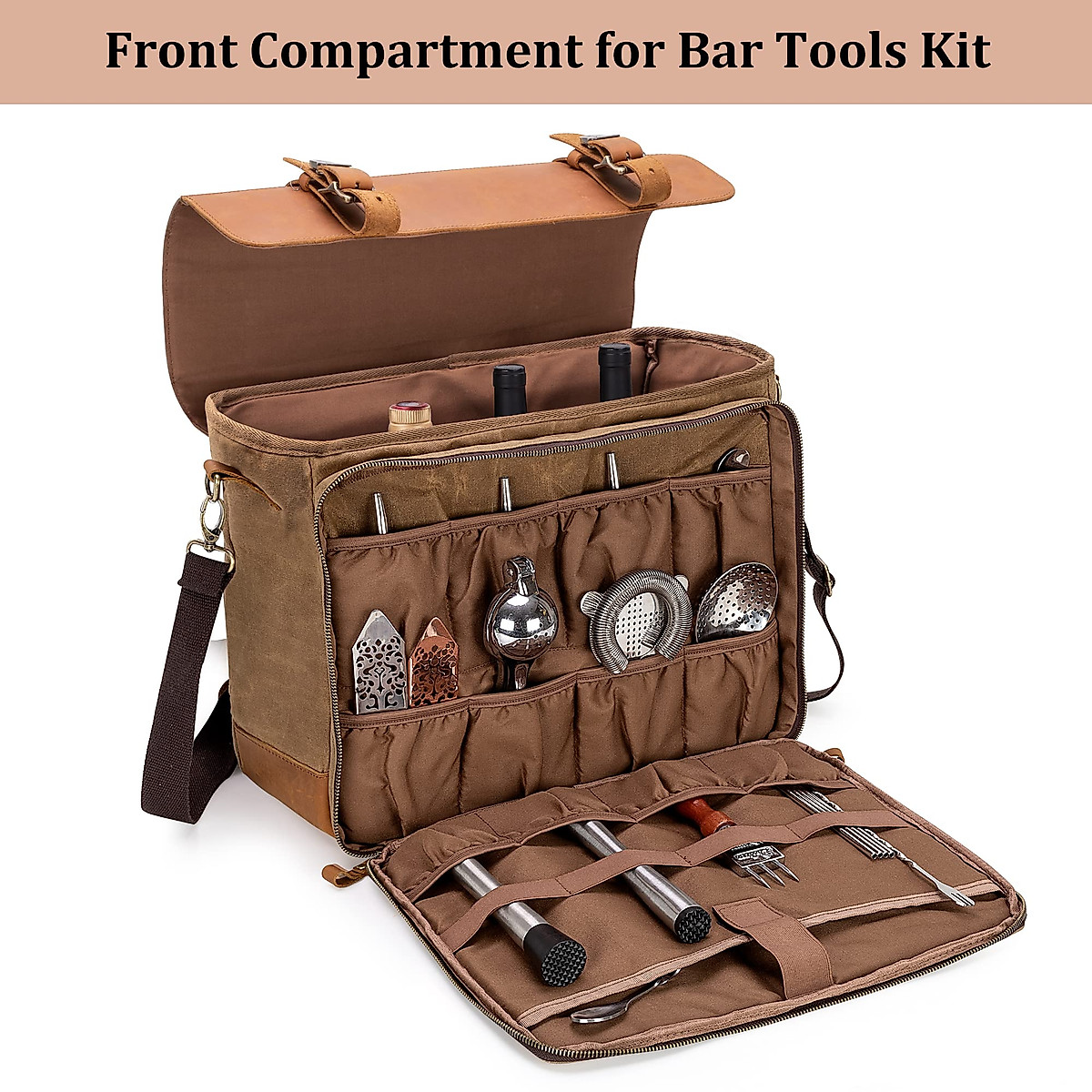 LoDrid Portable Bartender Bag for Bar Kits, Vintage Genuine Leather Waxed Canvas Travel Bar Case with Thick Inner Dividers and Adjustable Shoulder Strap for Cocktail Making, Bag Only,(Patent Design)