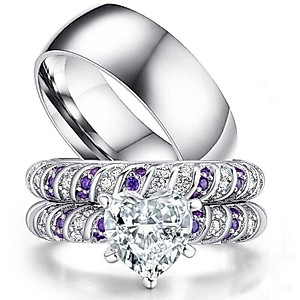 Triostar 925 Sterling Silver Trio His & Hers Heart Round Diamond Matching Bridal Wedding Ring Band Set Women's Size 7 & Men's Size 10