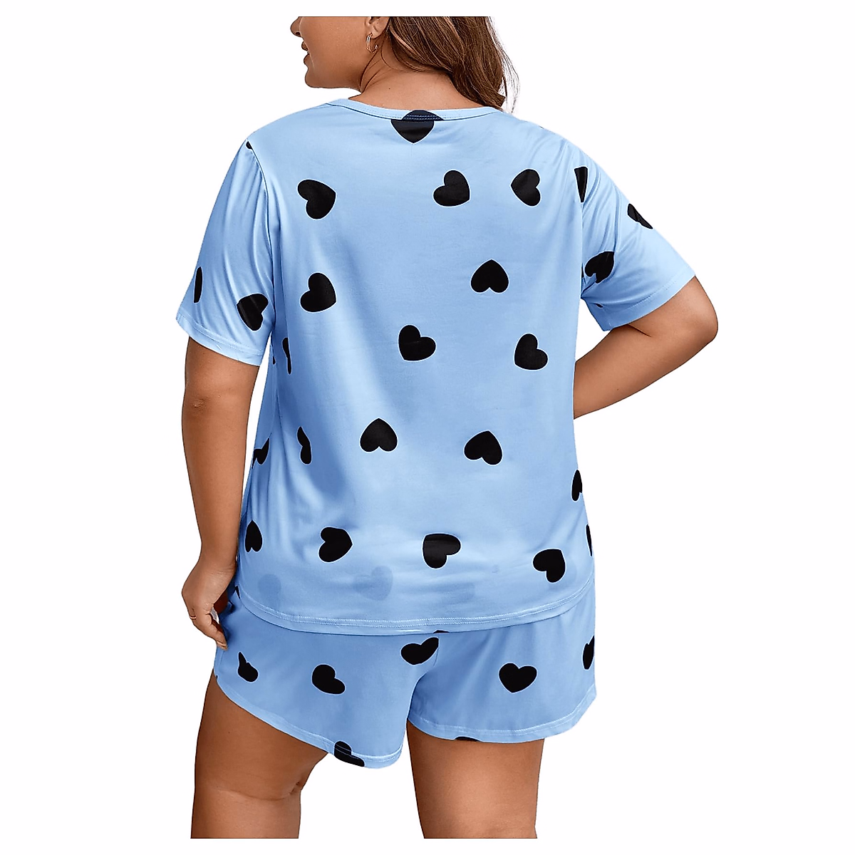 GORGLITTER Women's Plus Size 2 Piece Pajama Set Heart Print Short Sleeve Crewneck Tee with Shorts Pjs Set Light Blue 4X-Large Plus