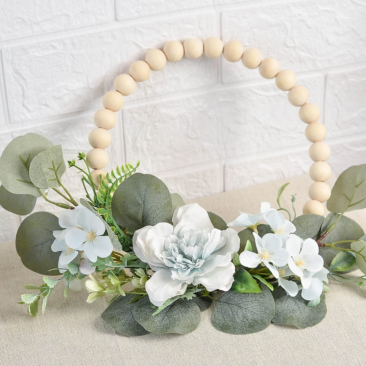 Artificial Flower Wreath,Wood Beads Camellia Wreath, Indoor/Outdoor Farmhouse Wreaths for Front Door Decor