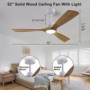 QUTWOB 52" Wood Ceiling Fan with Lights Remote Control,Quiet DC Motor 3 Blade Ceiling Fans for Patio Living Room, Bedroom, Office,Indoor Outdoor(Raw wood+White)