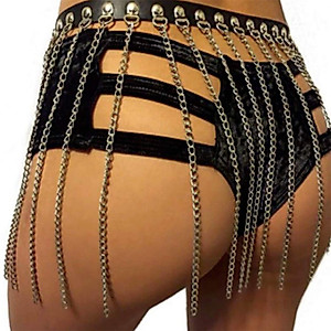 LUDRESS Punk Leather Waist Chain Tassel Dance Skirt Black Belt Belly Chain Hip Body Chain Rave Body Jewelry for Women and Girls