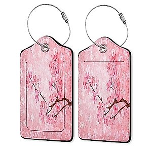 Leather Luggage Tags for Adults Teens,2 Pack Cherry Blossoms Travel Bag Suitcase Labels with Stainless Steel Loop ID Tags Card Baggage Bag Label,Spring Flower