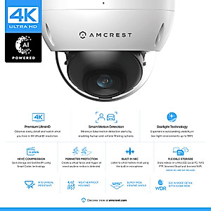 Amcrest UltraHD 4K (8MP) Outdoor Security POE IP Camera, 3840x2160, 98ft NightVision, 2.8mm Lens, IP67 Weatherproof, IK10 Vandal Resistant Dome, MicroSD Recording, White (IP8M-2493EW)
