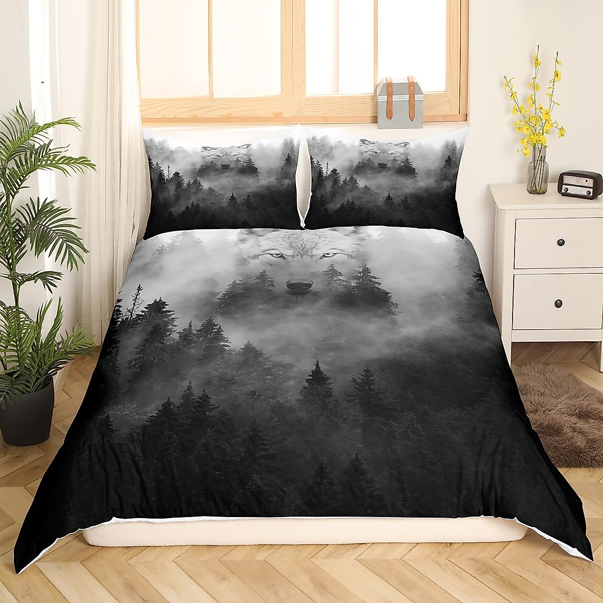 Castle Fairy Wolf Printed Bedding Set,Misty Woods Duvet Cover for Kids Teen Boys Girls,Natural Landscape Comforter Cover Decorative Room,Wild Animals Quilt Cover with 2 Pillowcases,King Size