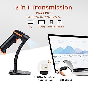 Tera Barcode Scanner Wireless 1D Laser Cordless Barcode Reader with Battery Level Indicator, Versatile 2 in 1 2.4Ghz Wireless and USB 2.0 Wired with Stand Model 5100-Z