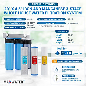 Max Water 3 Stage (Coastline Houses, Cottage, Farm, Well & Underground Water) 20 inch Water Filtration System for Whole House - Sediment + Iron Manganese + CTO Post Carbon - 1" Inlet/Outlet