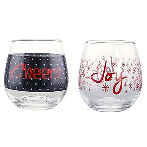 KOVOT Holiday"CHEERS" and"JOY" Stemless Wine Glass Set | 16 oz | Christmas Wine Glasses (2 Glasses)