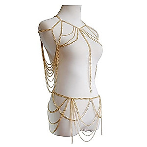 Sinkcangwu Sexy Body Chain Set Layered Necklace Bra Waist Chain Summer Fashion Bohemian Jewelry Suit for Beach Party Holidy (Gold)
