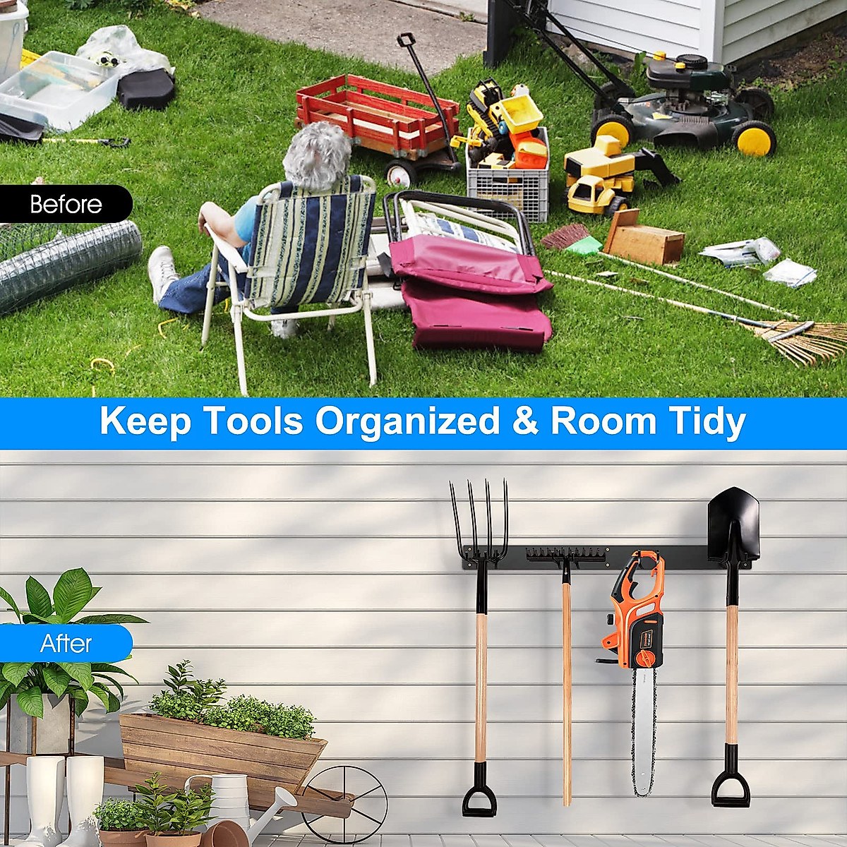 Nightcore Garage Tool Storage Rack, Wall Mounted Storage Organizer w/4 Double Layer Hooks, Heavy-duty Powder-coated Garden Tool Hanger for Rake, Shovel, Ski, Broom, Chair