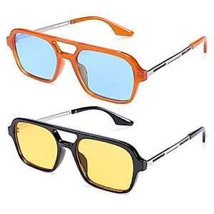 COASION Vintage 70s Flat Aviator Small Frame Sunglasses for Women Men Square Metal Design UV400 Protection Shades (Orange Frame/Blue Lens + Black Frame/Yellow Lens)