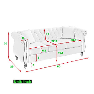 WILLIAMSPACE 80" Chesterfield Sofa Beige Velvet for Living Room, 3 Seater Sofa Tufted Couch with Two Pillows, Rolled Arms and Nailhead for Living Room, Bedroom, Office, Apartment - Beige Velvet
