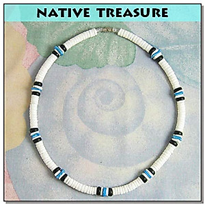Native Treasure 15 inch Little Kid's White Clam Heishe Puka Shell Necklace Blue Chip 2 Black Coco Surfer Beach Necklace - 8mm (5/16")
