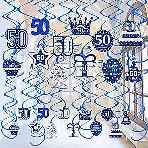 36Pcs 50th Birthday Decorations Hanging Swirls Party Supplies for Men, Happy 50 Year Old Birthday Party Ceiling Hanging Foil Swirl Decor, Blue Silver Fifty Birthday Hanging Sign