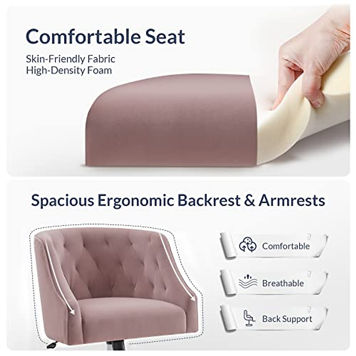 BELLEZE Modern Home Office Chair, Rolling Swivel Desk Chair, Upholstered Velvet Accent Chair, Stylish Comfy Vanity Chair, Adjustable Height - Braelynn (Pink)