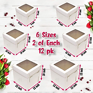 VTPT Ecom - 12 Pcs Tall Cake Boxes with Window in 6 Sizes + 15 Thank You Stickers 12x12 10x10 8x8, Bakery Boxes disposable carrier take out container, In 12 10 8 inch 2 3 tier wedding birthday