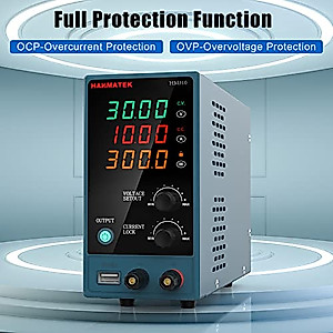 Adjustable DC Power Supply (0-30 V 0-10 A) with Output Enable/Disable Button HANMATEK HM310 Mini Variable Switching Digital Bench Power Supply with USB Charging