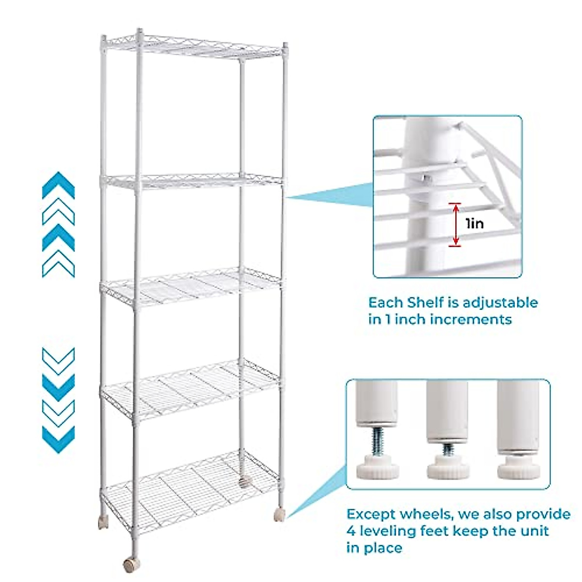 JS HANGER Wire Shelving Unit with Wheels, 5-Tier Heavy Duty Height Adjustable Rolling Metal Shelves for Storage, 550 lbs Capacity, 23.23''W X 13.4''D X 71''H, White