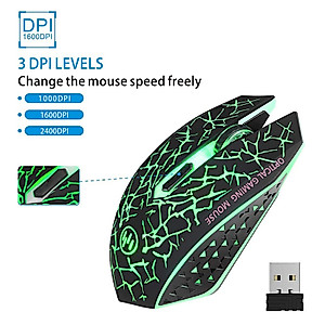 TENMOS K6 Wireless Gaming Mouse, Rechargeable Silent LED Optical Computer Mice with USB Receiver, 3 Adjustable DPI level and 6 Buttons, Auto Sleeping Compatible Laptop/PC/Notebook (green light)