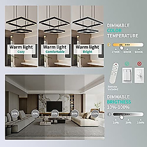 Behsig Modern Chandelier,Modern Led Chandelier,2 Rings Square Chandelier for Living Room,Adjustable Height,Chandelier Lighting Fixture High Ceiling Hanging Dining Room LED Pendant Light