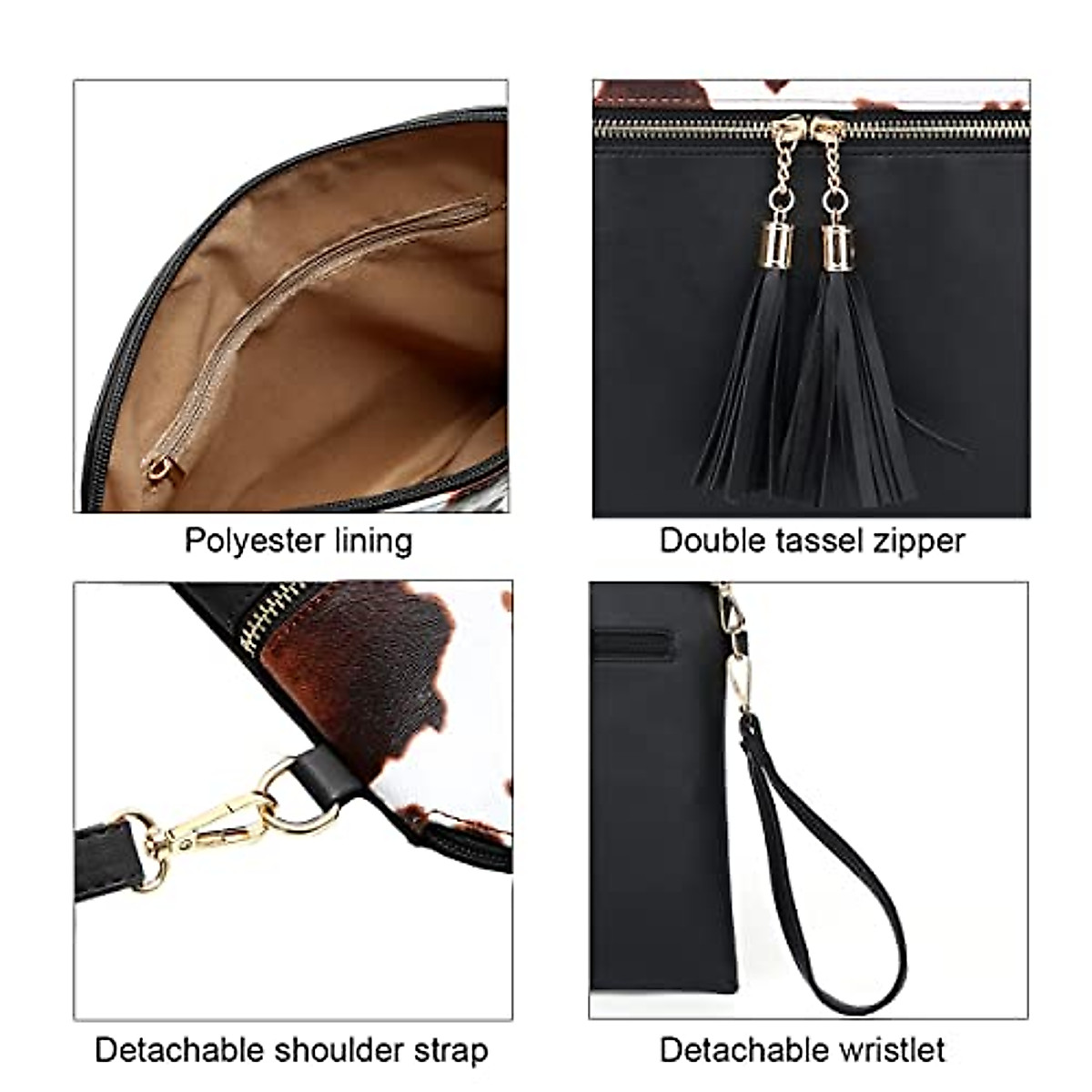 Sunwel Fashion Cow Print Wristlet Tassel Purse-Zipper Pockets Crossbody Bag Shoulder Handbag for Women Girls