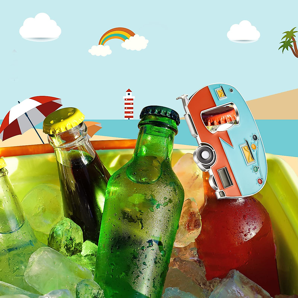 Bottle Openers Magnetic with Fridge Magnet Sticker Refrigerator Magnet Beer Bottle Openers, RV Caravan Camper Bottle Openers for Indoor Outdoor Picnic Home Kitchen Tools (Blue, Yellow,2 Pieces)