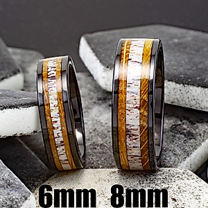 Engraved Personalized 8mm Piano Black Tungsten Carbide Flat Band Ring with Deer Antler Between Whiskey Barrel Oak Wood Inlays. (tungsten (8mm), 12.5)