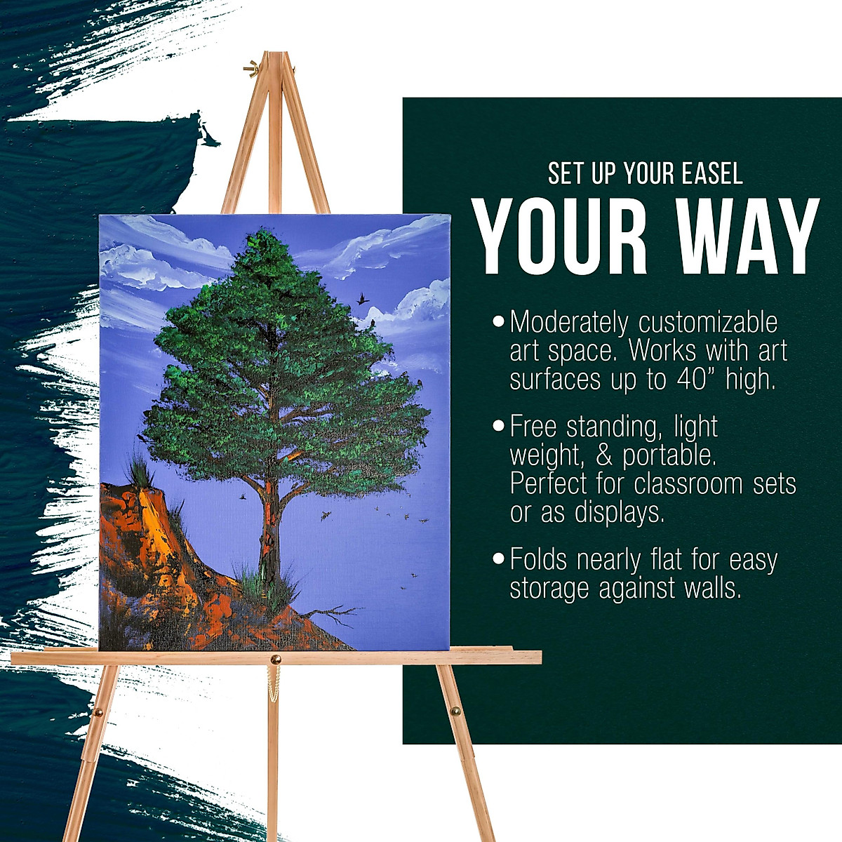 U.S. Art Supply 64" High Torrey Wooden A-Frame Tripod Studio Artist Floor Easel - Adjustable Tray Height, Holds 40" Canvas - Wood Display Holder Stand for Paintings, Drawings, Framed Photos, Signs