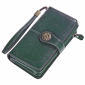 Travelambo Womens Wallet Large Capacity RFID Blocking Genuine Leather Wristlet Wallets(Green)