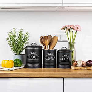 noonberry Black Canisters for Kitchen Counter, Set of 3 - Airtight Sugar and Flour Containers & Kitchen Utensil Holder, Rustic Farmhouse Canister Set for Kitchen Countertop