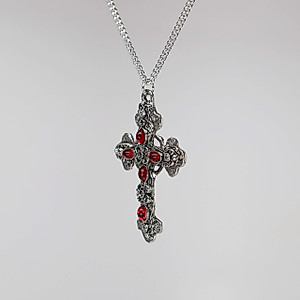 Gothic Filigree Cross with Red Stones Medieval Renaissance Pewter Pendant Necklace