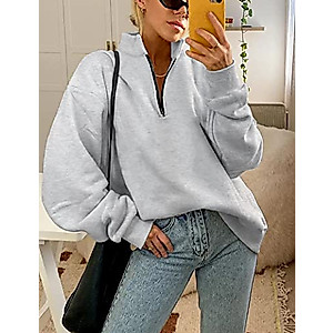 Womens Oversized Half Zip Pullover Sweatshirt Long Sleeve V Neck Sweatshirts Quarter Zip Teen Girls Fall Y2K Clothes Trendy Drop Shoulder Loose Fit Outfits Grey