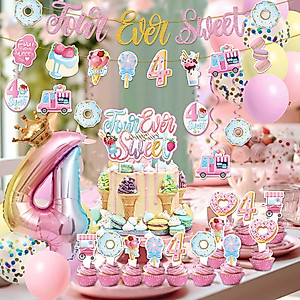 JUYRLE Four Ever Sweet Birthday Decorations Girl, 4th Birthday Decorations Include Ice Cream Donut Banner Cake Toppers Hanging Swirls Latex Foil Balloons, 4 Year Old Birthday Decorations