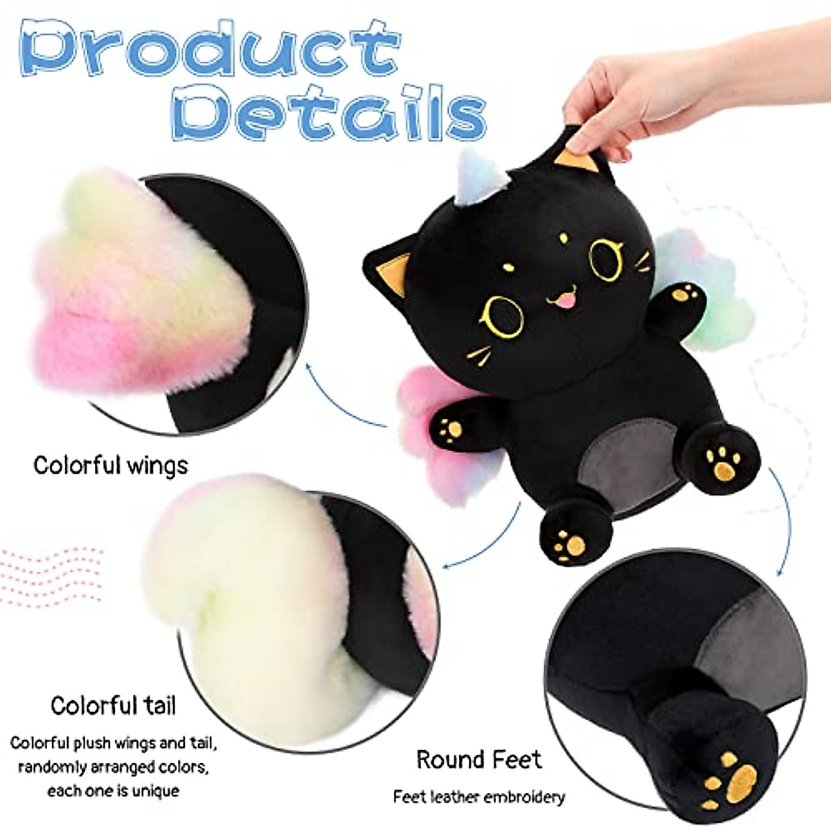 AIXINI Cute Caticorn Plush Stuffed Unicorn Black Cat Animal Plushie 10" Soft Toy with Rainbow Wings for Girls