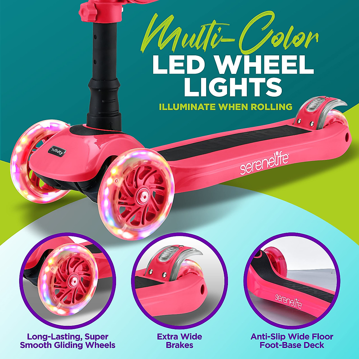 SereneLife 3 Wheeled Scooter for Kids - 2-in-1 Sit/Stand Child Toddlers Toy Kick Scooters w/ Flip-Out Seat, Adjustable Height, Wide Deck, Flashing Wheel Lights, Great for Outdoor Fun -SLKS26 (Pink)