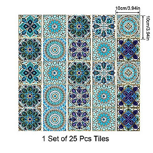 25 PCS Mandala Style Tile Sticker, 4x4 Inch(10x10cm) Traditional DIY Murals, Tile Waterproof Oil Proof Removable Decals for Bathroom & Kitchen Backsplash Oil Proof Wall Stickers (MTL-01)
