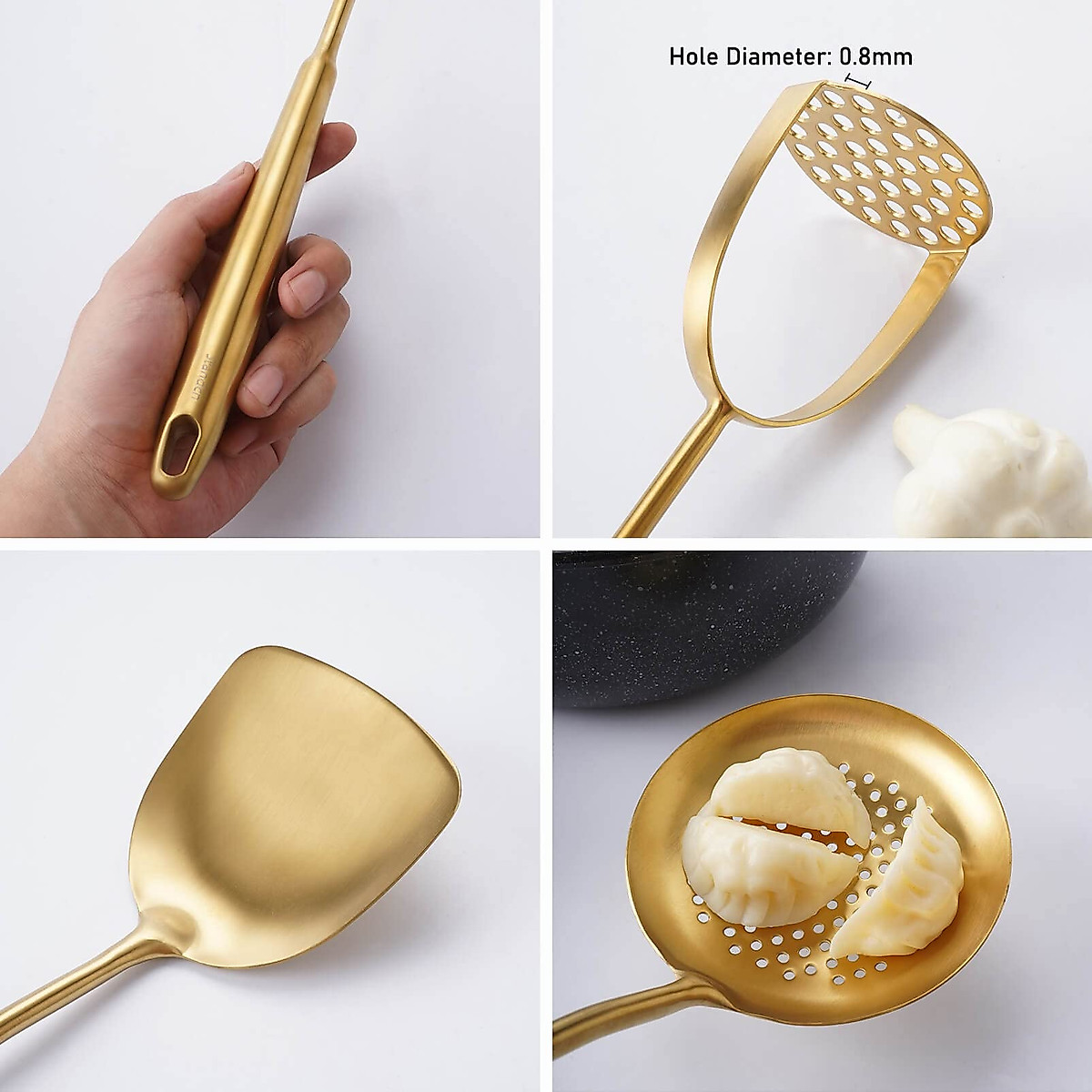Gold Kitchen Utensils Set, 12 PCS Brass Matte Serving Utensils Set, 304 Stainless Steel All Metal Cooking Utensil - Potato Masher, Tongs, Spatula, Meat Fork, Ladle, Skimmer Spoon, Spaghetti Spoon Set